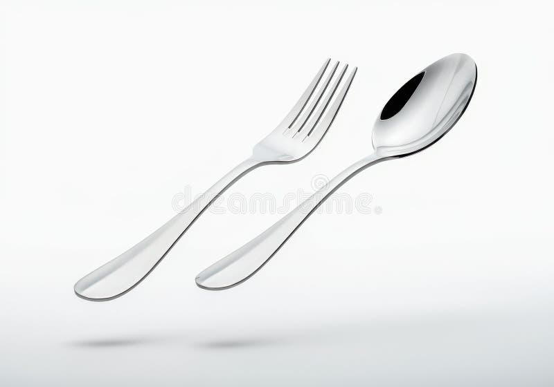 A Floating Stainless Steel Fork and Spoon Set, Perfectly Horizontal, on ...