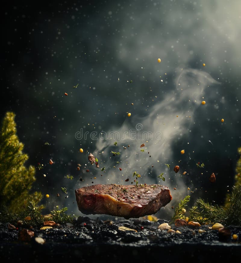 Floating Steak with Herbs and Spices, Dramatic Smoke Effect, Surrounded ...