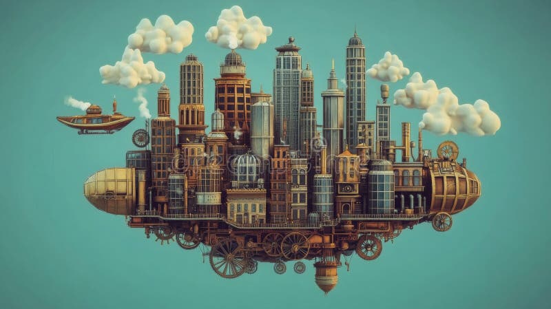 Floating Steampunk City with Airship Pixel Art Illustration Stock ...