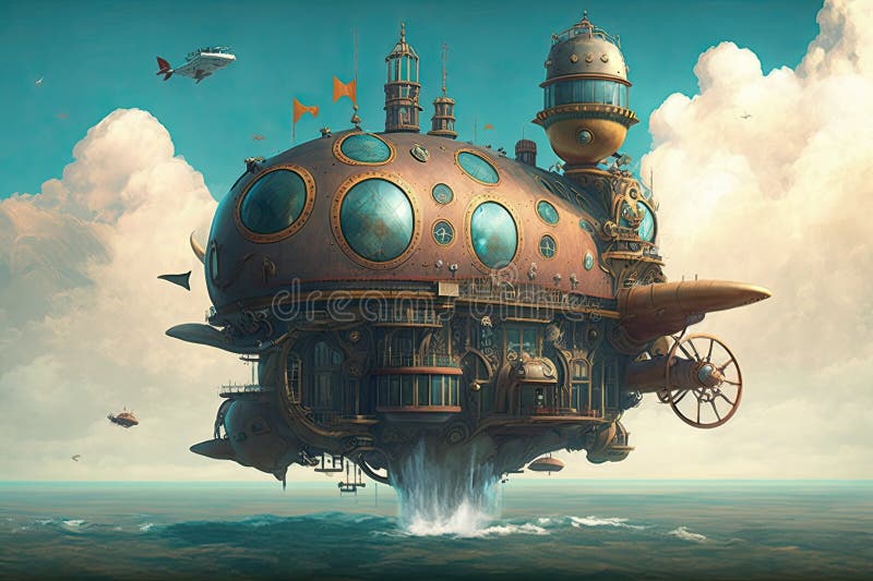 The Floating Steampunk Machine in the Clouds Stock Illustration ...