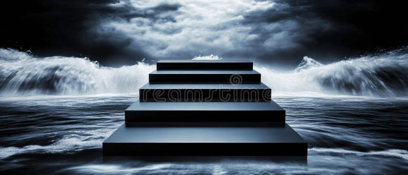 Floating Steps Emerge from a Serene Stream Under a Dramatic Sky Stock ...