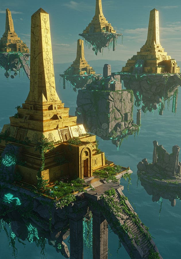 Floating Stone Islands with Intricate, Pyramid-like Structures Topped ...