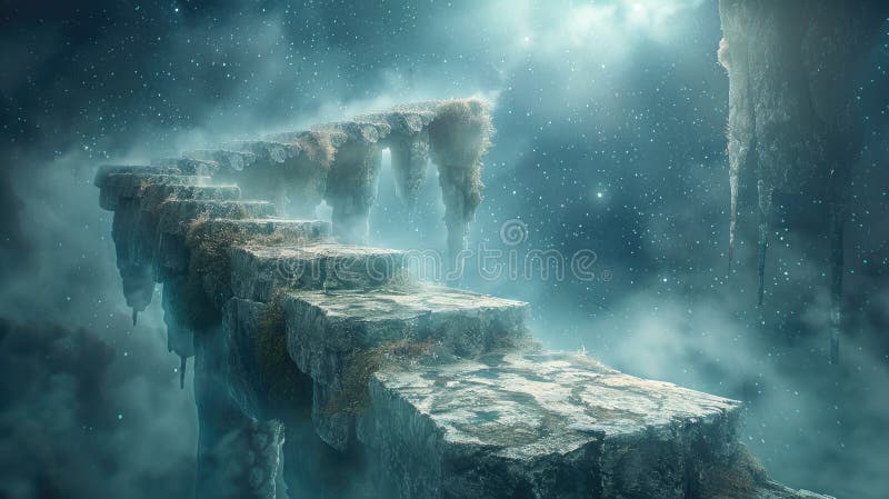 Floating Stone Platforms Ascend into a Misty Atmosphere Under a Starry ...