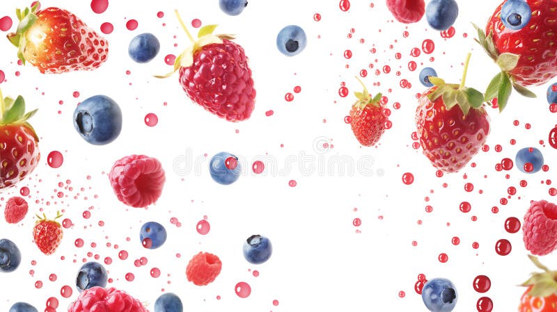 Floating Strawberries, Blueberries, and Raspberries with Juice Droplets ...