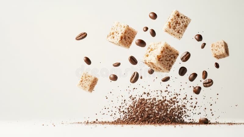 Floating Sugar Cubes and Coffee Beans with Ground Coffee Stock Photo ...