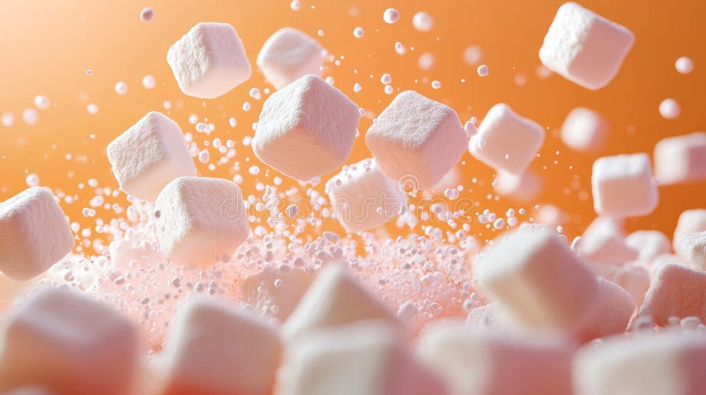 Floating Sugar Cubes on an Orange Background in Dynamic Motion. Stock ...