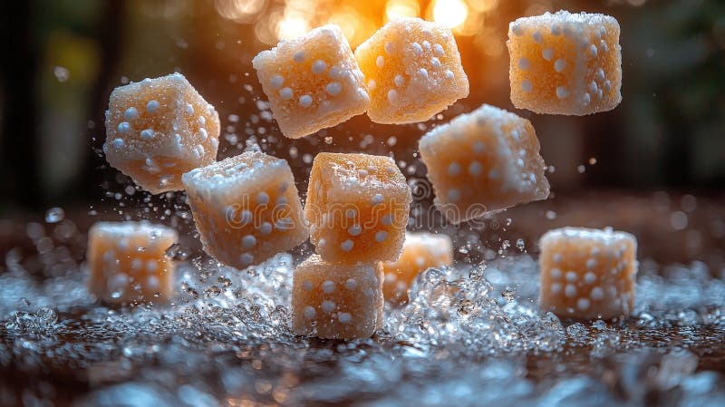 Floating Sugar Cubes Splashing in Water at Sunrise Stock Photo - Image ...