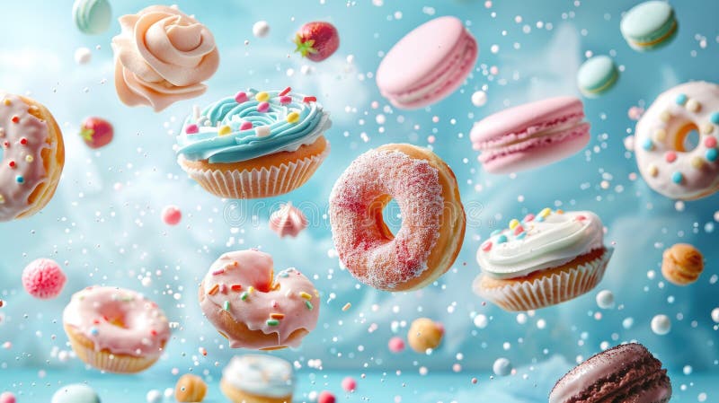 Floating Sweets and Treats on a Blue Backdrop. Donuts and Cupcakes ...