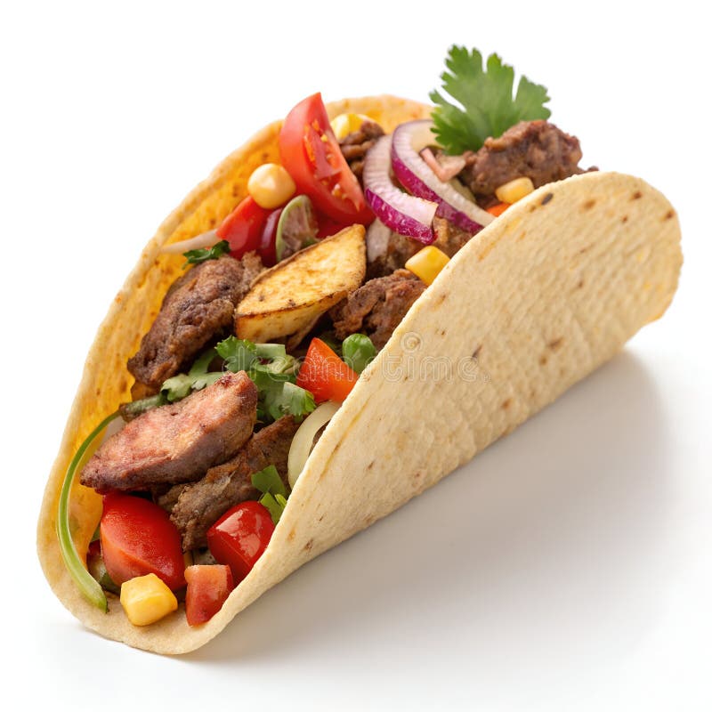 Floating Taco with Steak, Chicken, and Vegetables Isolated on White ...