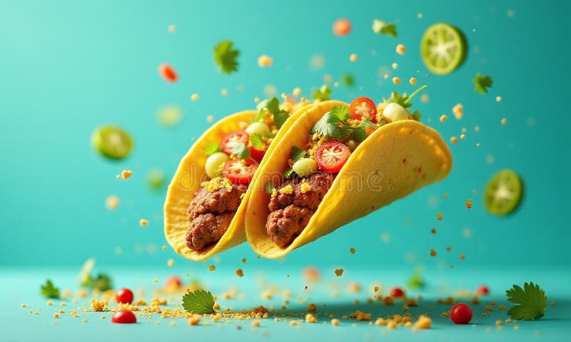 Floating Tacos Exploding Ingredients Bright Colors Stock Illustration ...