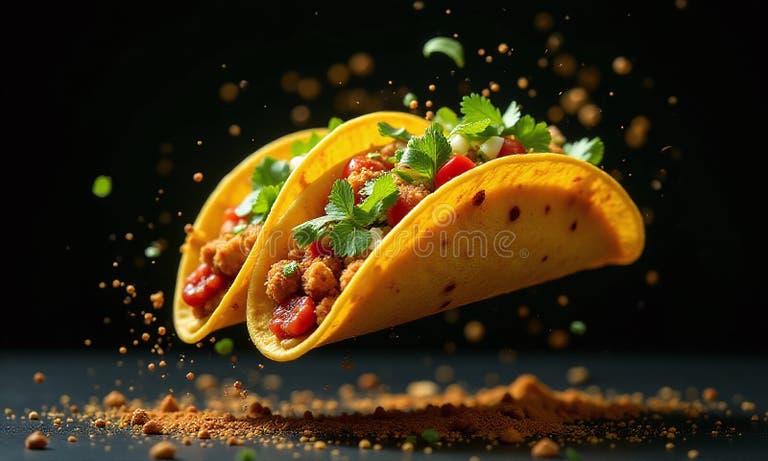 Floating Tacos Exploding Ingredients Bright Colors Stock Illustration ...
