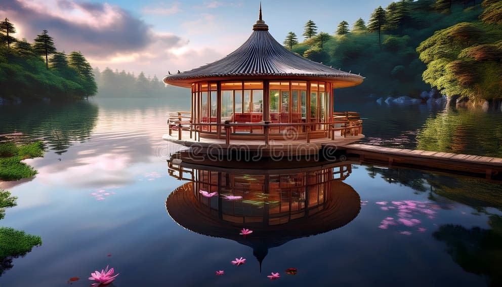 Floating Tea House on a Peaceful Lake Stock Illustration - Illustration ...