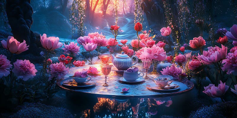 Floating Tea Party Table Covered in Enchanted Flowers Wallpaper ...