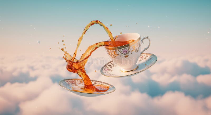 Floating Teacup and Saucer Above Clouds with Magical Tea Splash Stock ...