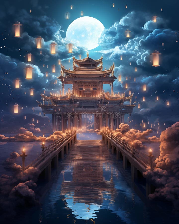 The Floating Temple with the Mysterious Light Bridge Stock Illustration ...