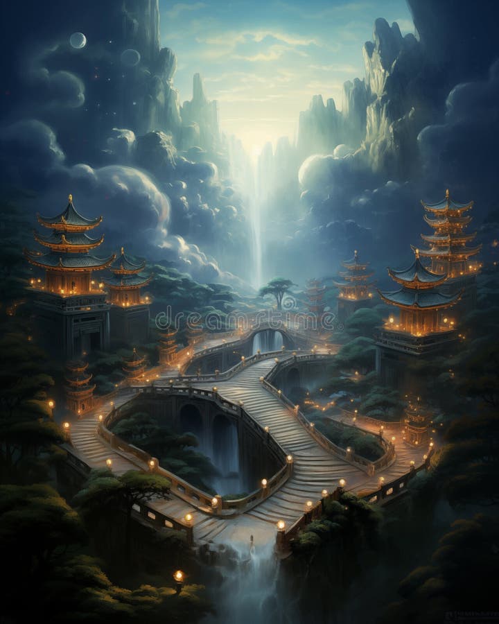 The Floating Temple with the Mysterious Light Bridge Stock Illustration ...