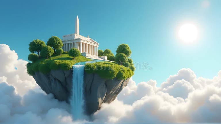 Floating Temple with Waterfall in the Sky Stock Illustration ...