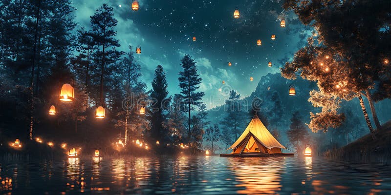 Floating Tent Above the Trees with Glowing Lights Wallpaper Background ...