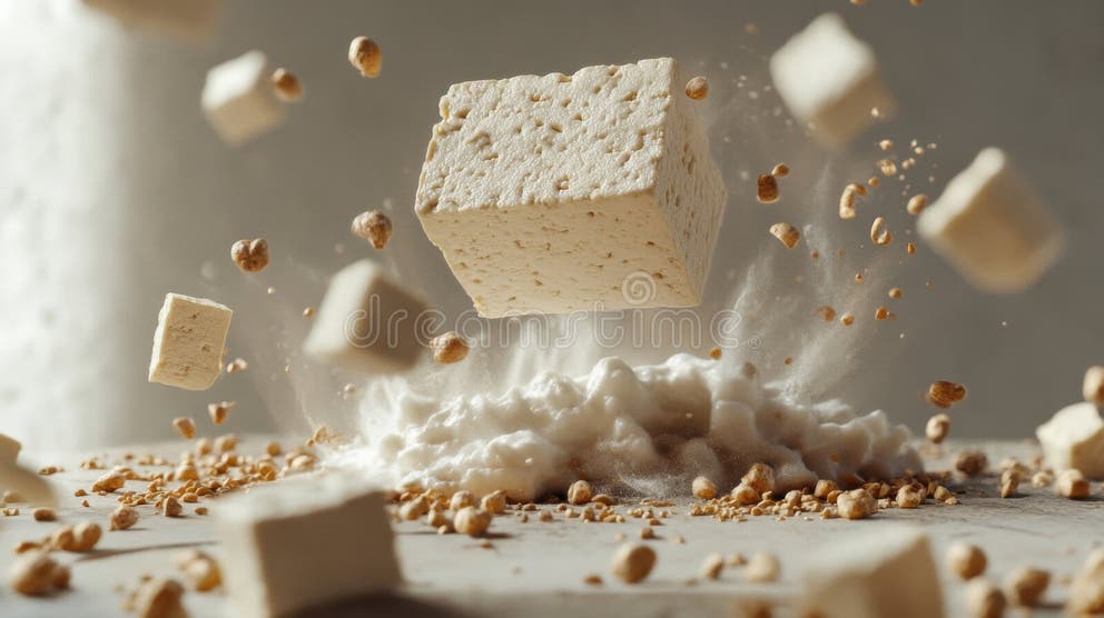 Floating Tofu Cube Explosion with Flour Stock Illustration ...