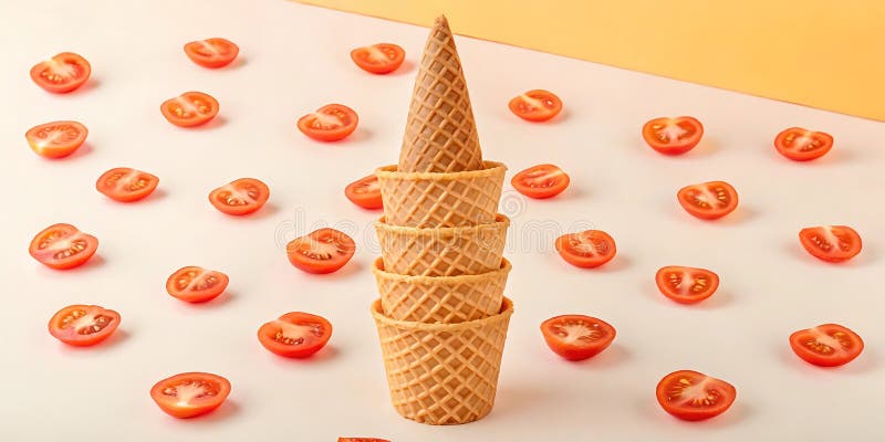 Floating Tomato Slices Orbiting Waffle Cone Pyramid in Surreal Abstract ...