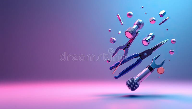 Floating Tools in Futuristic Studio Lighting with Abstract Gradient ...