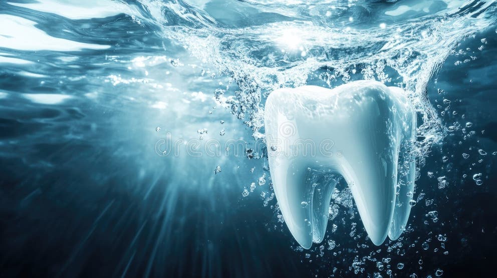 Floating Tooth in Clear Water with Bubbles and Sunlight Reflections ...