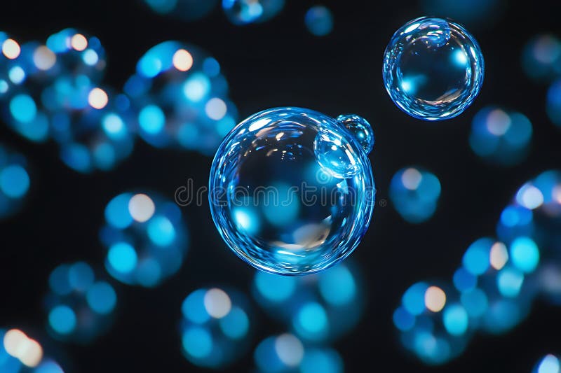 Floating Translucent Blue Bubbles on Black Background Stock ...