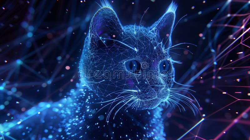 A Floating, Translucent Hologram of a Cat Radiates Soft Neon Light in a ...