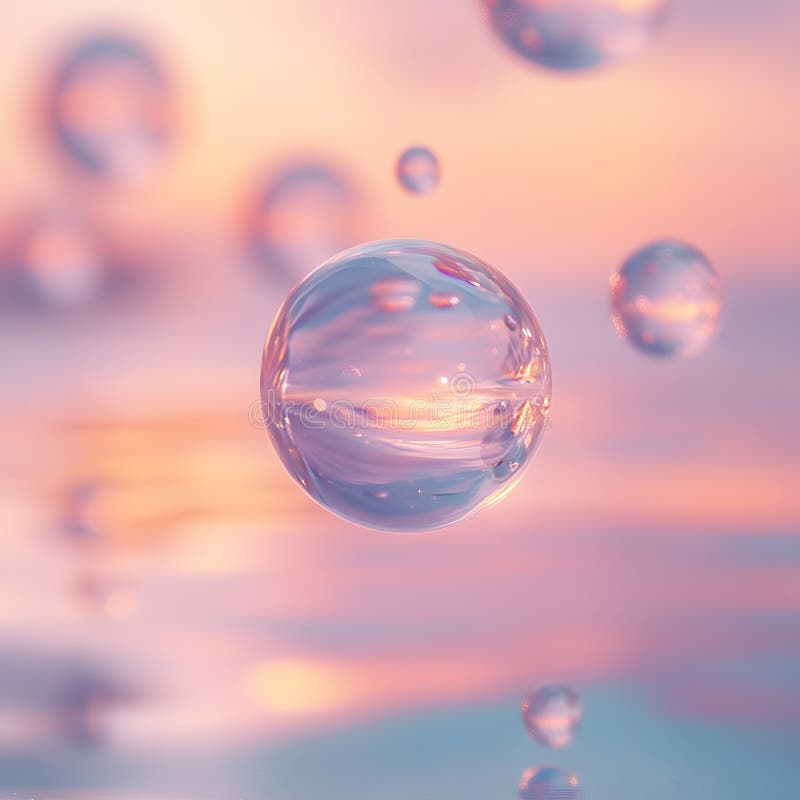 Floating Translucent Spheres Reflecting Pastel Sunset Sky Stock ...