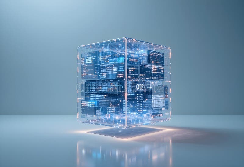 AI?Generated 3D Cube Made of Floating Transparent Data Blocks Over Blue ...