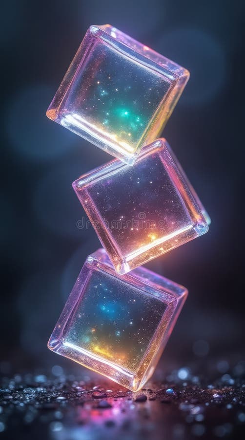 Floating Transparent Glass Cubes Refracting Rainbow Light Set Against a ...