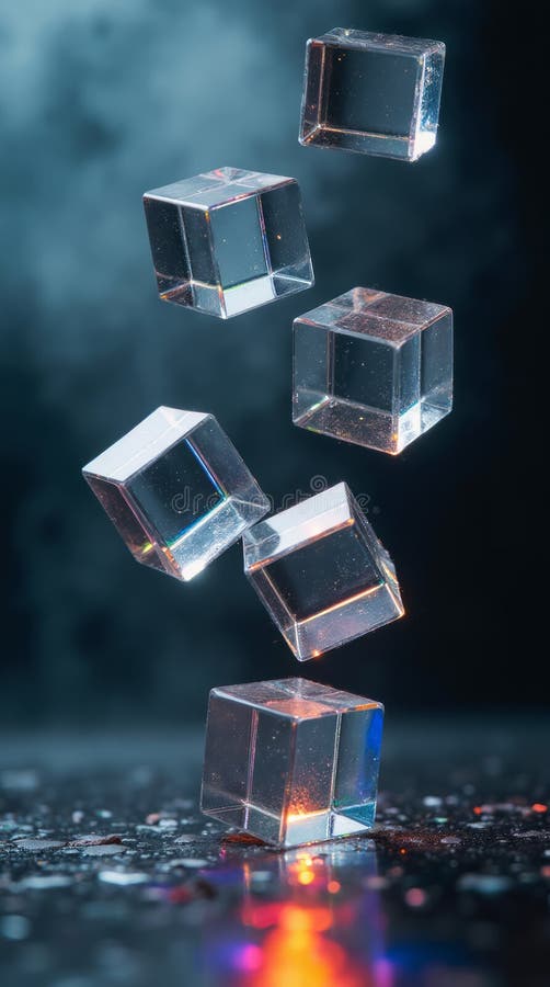 Floating Transparent Glass Cubes Refracting Rainbow Light Set Against a ...