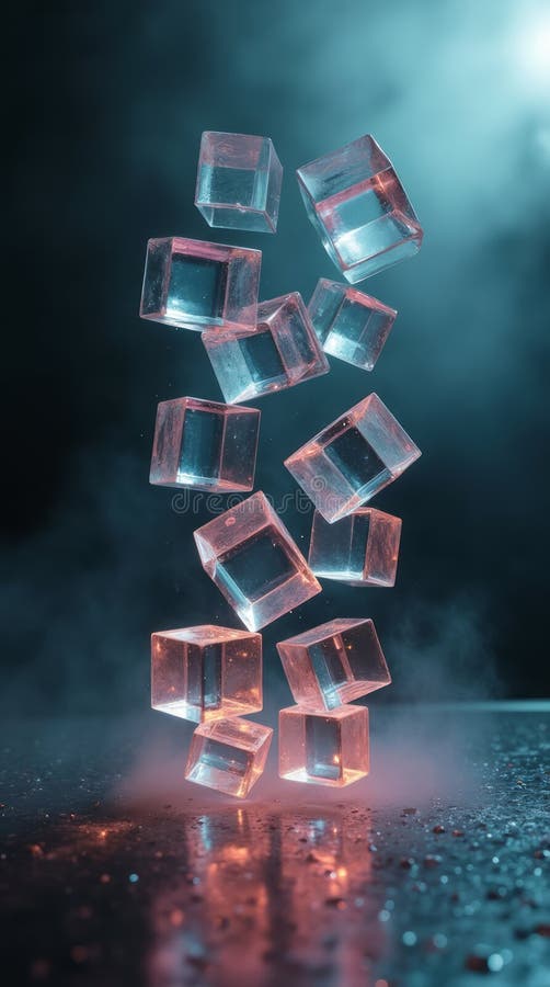 Floating Transparent Glass Cubes Refracting Rainbow Light Set Against a ...