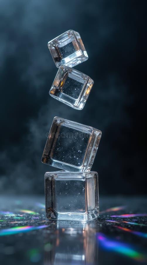 Floating Transparent Glass Cubes Refracting Rainbow Light Set Against a ...