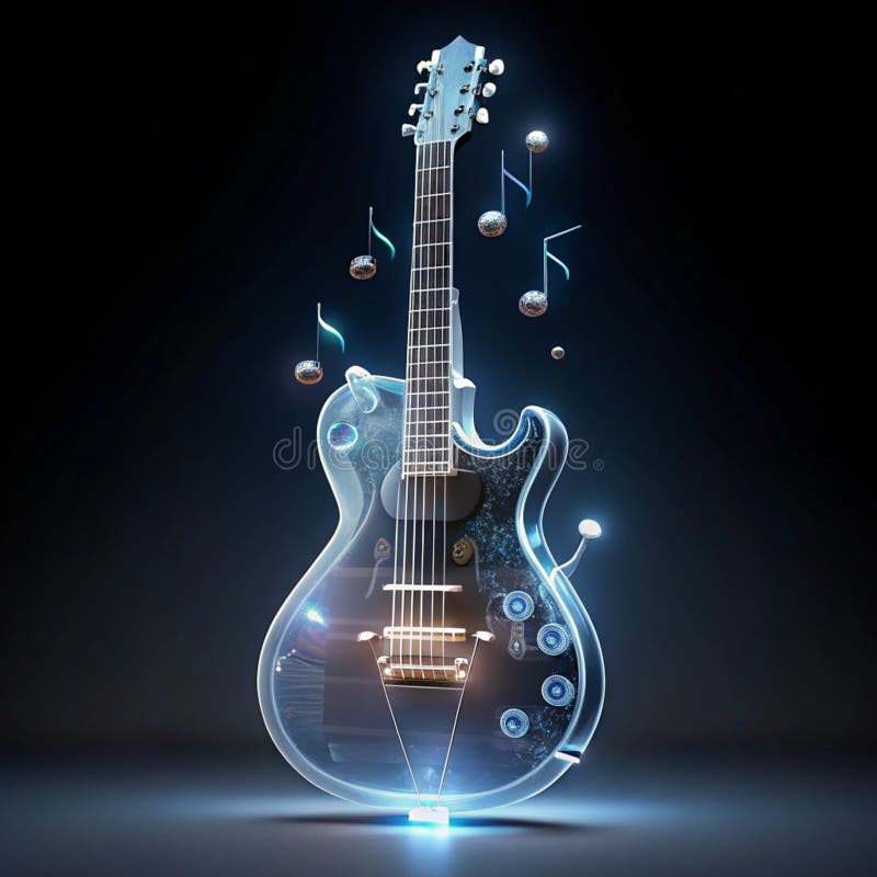 Floating Transparent Guitar with Glowing Strings and Notes Stock ...