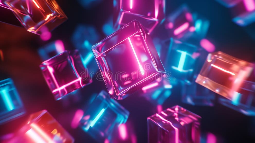 Floating Transparent Neon Cubes in Dynamic Sci-fi Scene Stock Image ...
