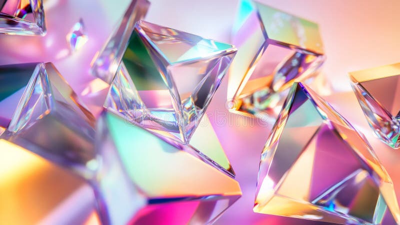 Floating, Transparent Prisms in a Gradient Background, Refracting Radiant Rainbow Hues from ...