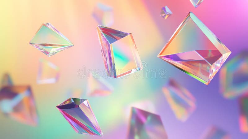 Floating, Transparent Prisms in a Gradient Background, Refracting Radiant Rainbow Hues from ...