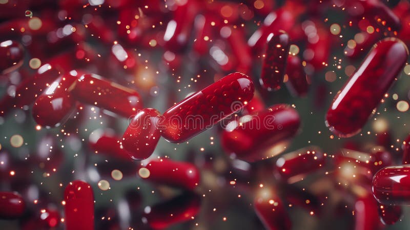 Floating Transparent Red Tablets in a Red Environment Filled with ...
