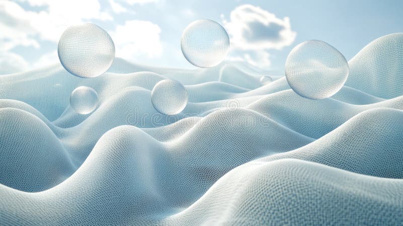Floating Transparent Spheres Over Undulating Fabric Surface with Clouds ...