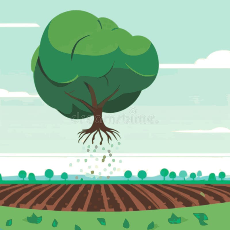 Floating Tree Dropping Seeds Over Farm Vector Graphics Stock ...