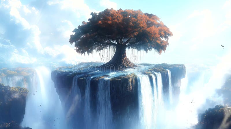 A Floating Tree Island with Cascading Misty Waterfalls on the Clouds ...