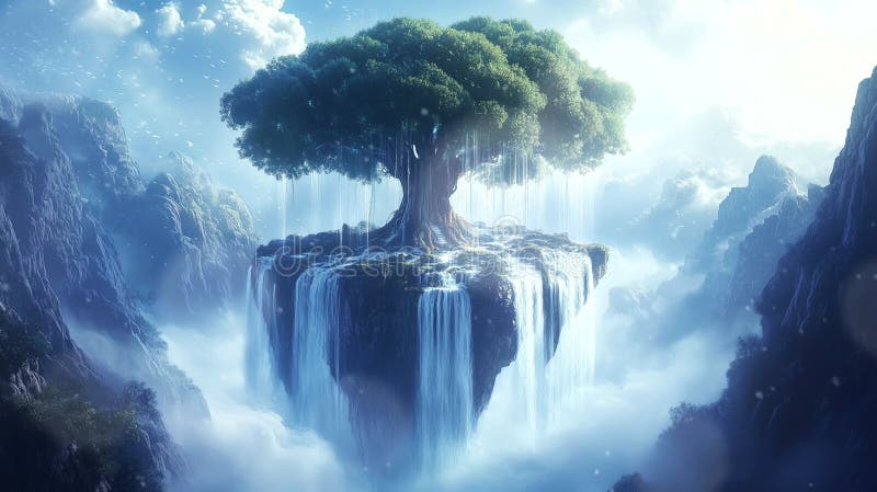 A Floating Tree Island with Cascading Misty Waterfalls on the Clouds ...