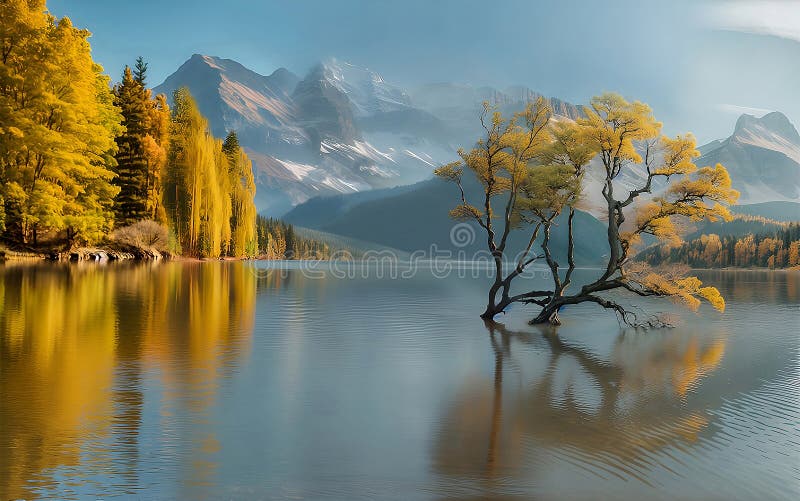 Floating Tree at the Middle of the Lake with a Forest and Mountains in ...