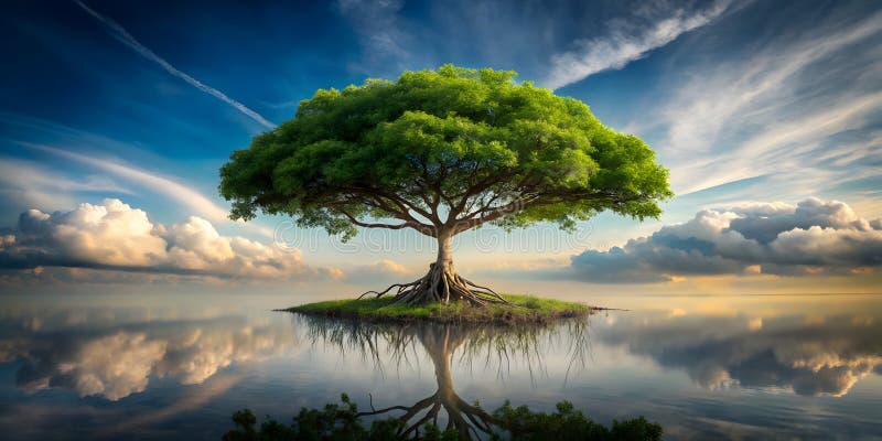 Floating Tree with Roots Suspended in Air Stock Illustration ...