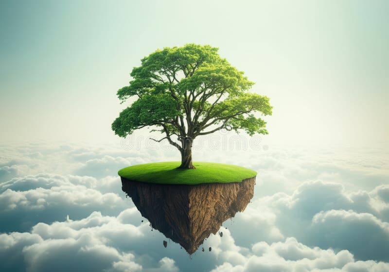 Floating Tree on a Small Island Above the Clouds, Symbolizing ...
