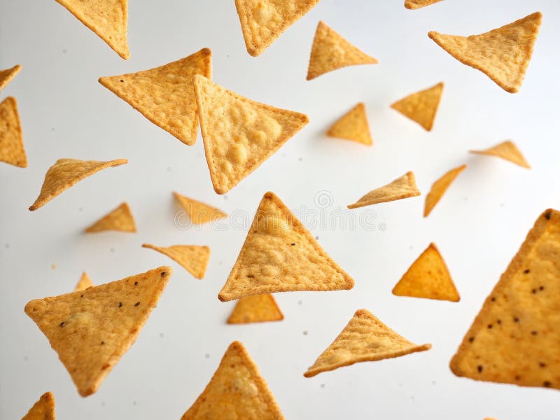 Floating Triangle-Shaped Nachos in Air Against White Background Stock ...