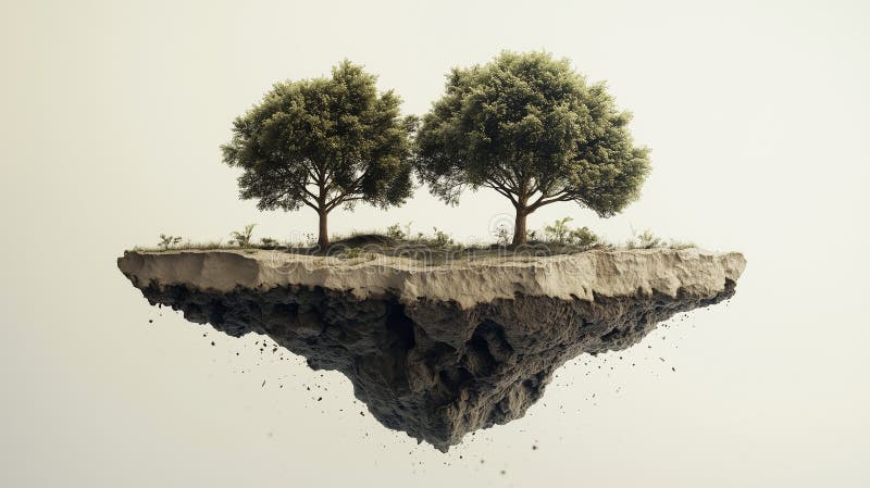 A Floating Triangular Island with Two Lush Green Trees Growing on Its ...