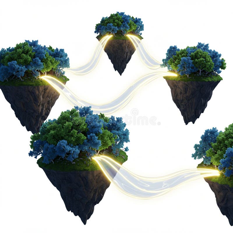 Floating Triangular Islands with Lush Blue and Green Trees Connected by ...