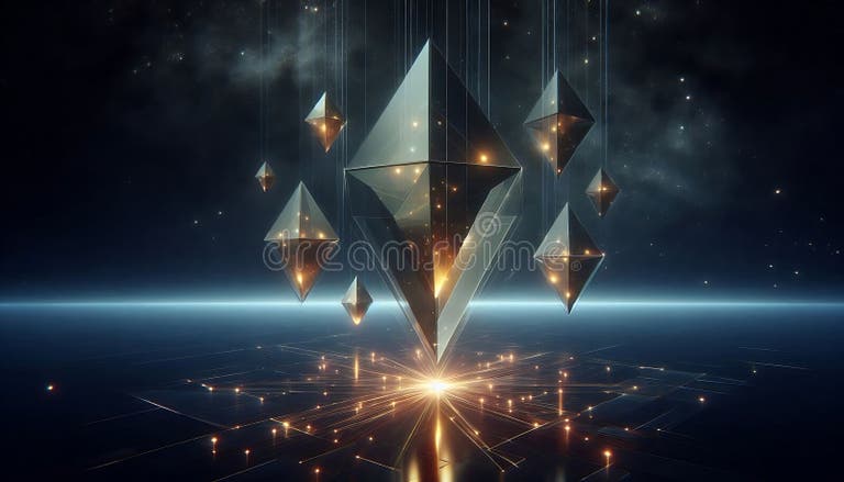 Floating Triangular Prisms with Internal Glowing Cores, Suspended in ...